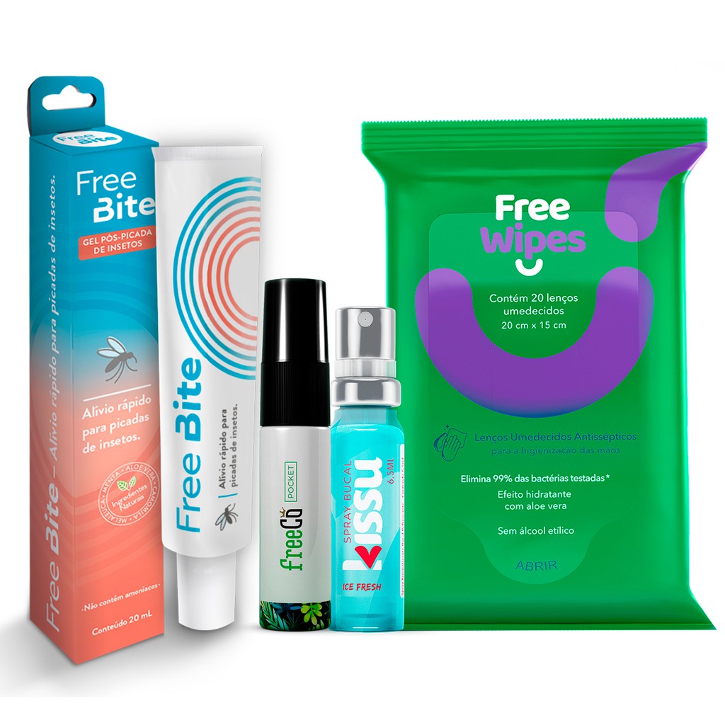 Kit cabe no bolso - FreeCô Pocket, Free Wipes, Free Bite e Kissu ...