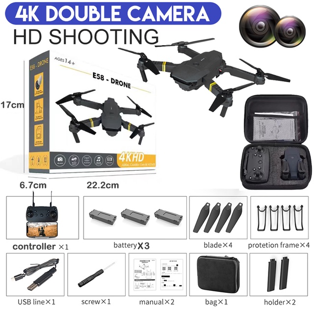 e58 4k câmera wifi fpv rc quadcopter drone rtf 3 BATERIAS DUAS CAMERAS | Shopee Brasil