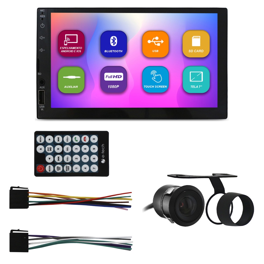 Kit Mp5 Player Automotivo 2 Din 7 Polegadas E-Tech Light Bluetooth Espelhamento Android + Camera ...