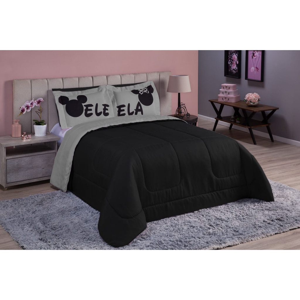 Kit Edredom Ele /Ela Casal 05 Peça Luxo Preto/Cinza | Shopee Brasil