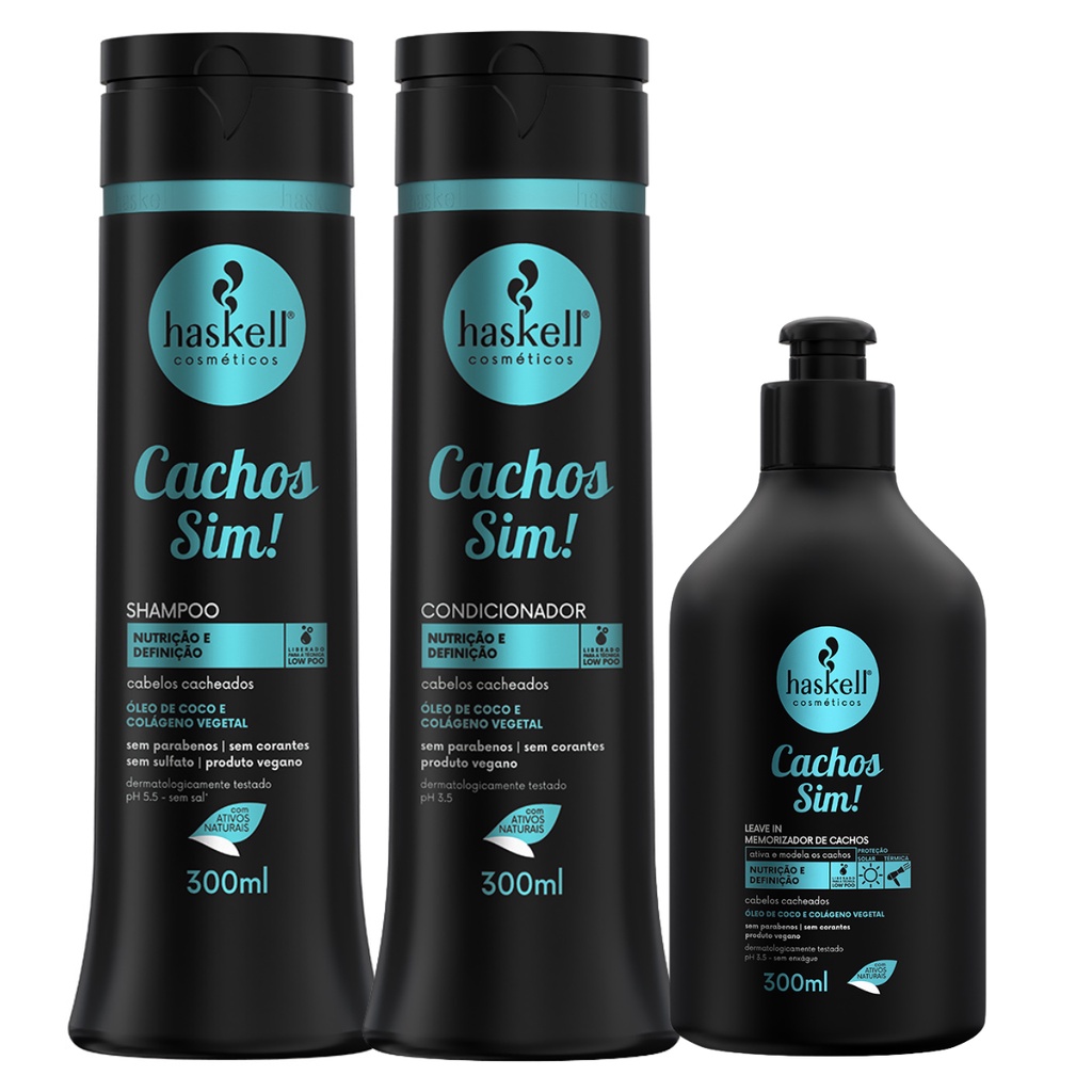 Kit Haskell Cachos Sim Shampoo Condicionador + Leave In Memorizador de Cachos 300g/ml | Shopee ...