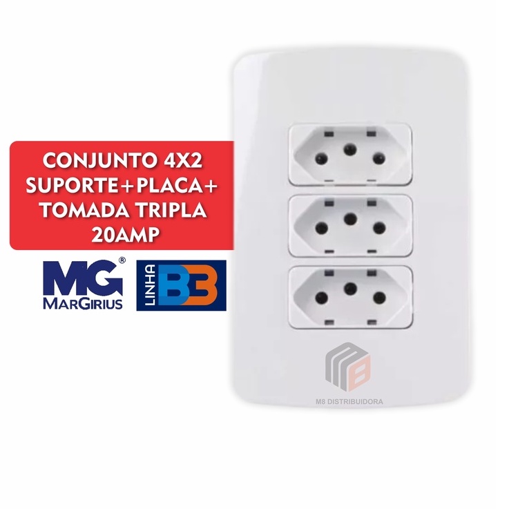 Conjunto Tomada Tripla Br 2P+T 20A 250V 4X2 MARGIRIUS LINHA B3 | Shopee Brasil