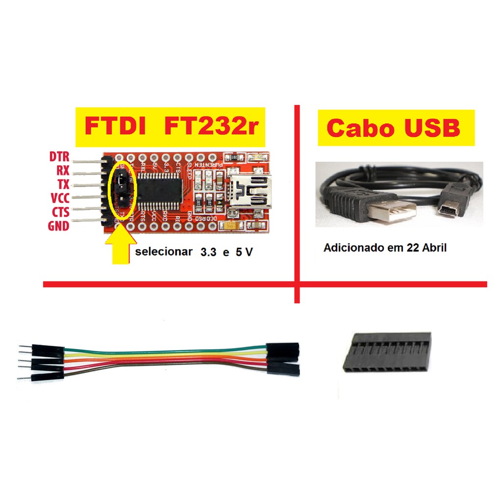 Kit FT232r FTDI Cabo USB + Jumper adaptador TTL Automacao __ Atacado Varejo componente sensor e ...