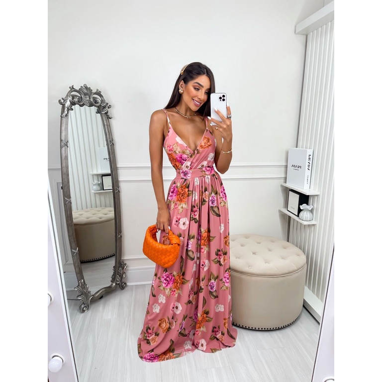 Vestido rose floral bojo decote costa ziper | Shopee Brasil