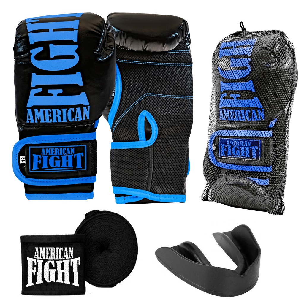 Kit Boxe Muay Thai Luva Bandagem Bucal American Fight - Azul ...