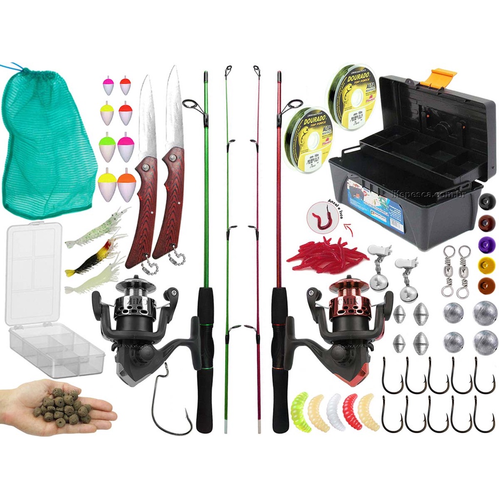 Kit Pesca Completo 2 Varas Para Molinete 1,20m + 2 Molinete + Caixa e Acessórios (Ref. 67 ...