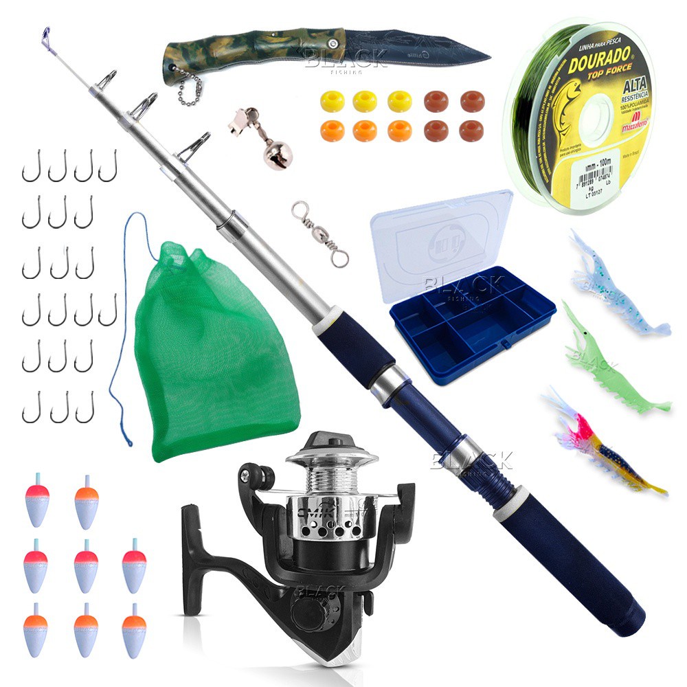 Kit De Pesca Completo 1 Vara Telescópica 1 Molinete Com Linha Mais Canivete Mais Estojo e Muitos ...