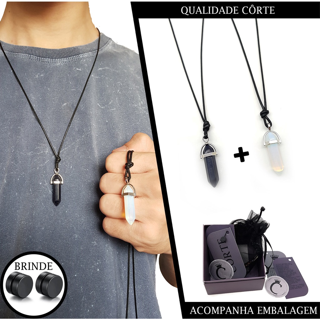 Kit Colar Masculino Fio Encerado Pedra da lua Negra e Pedra da lua ...