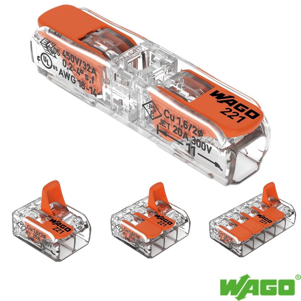 Conector Wago 221 Emenda Derivação Chuveiro Inline 2 vias 3 vias 5 vias ...