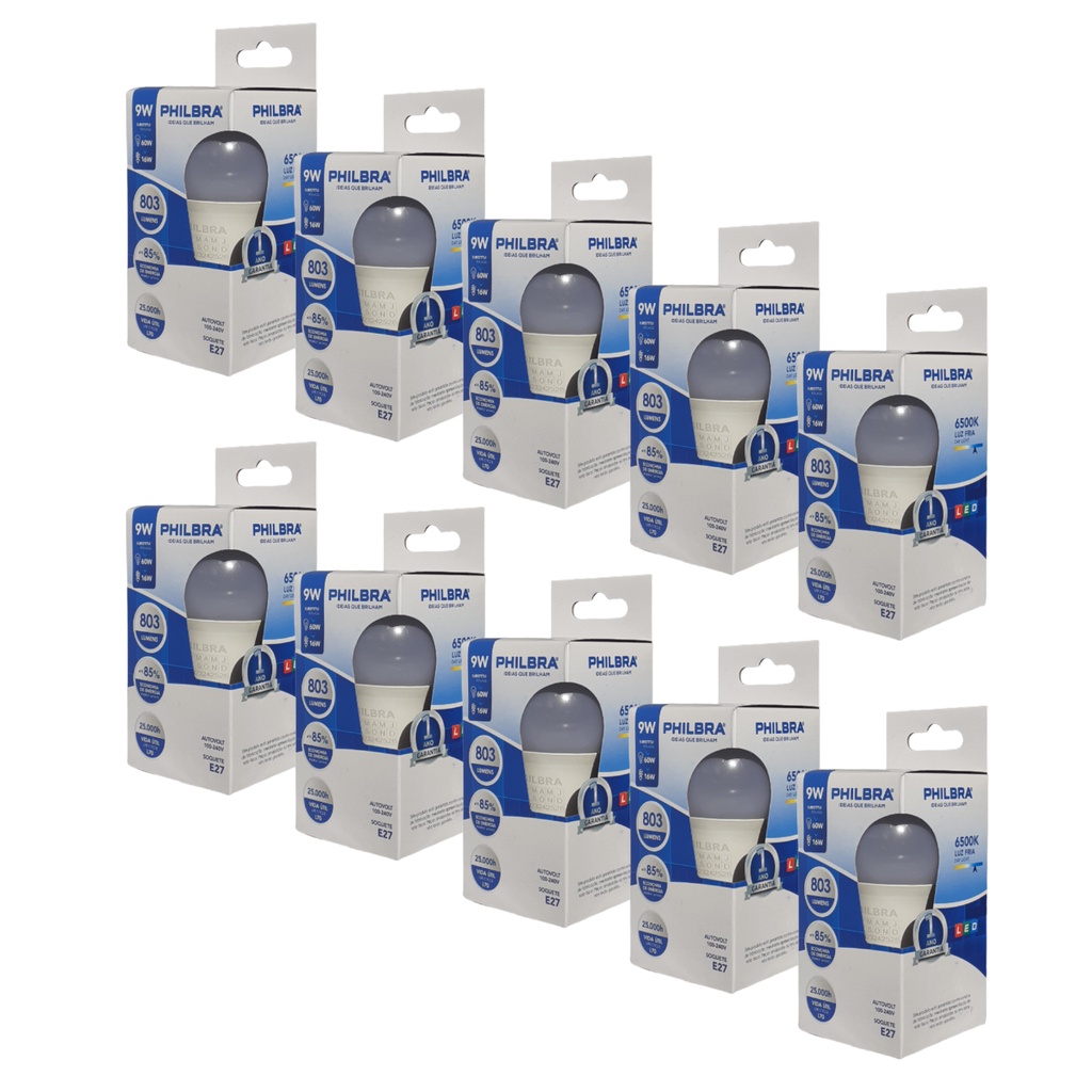 Kit 10 Lampadas LED Residencial 9 Watts Branco Frio 6500k Bivolt ...