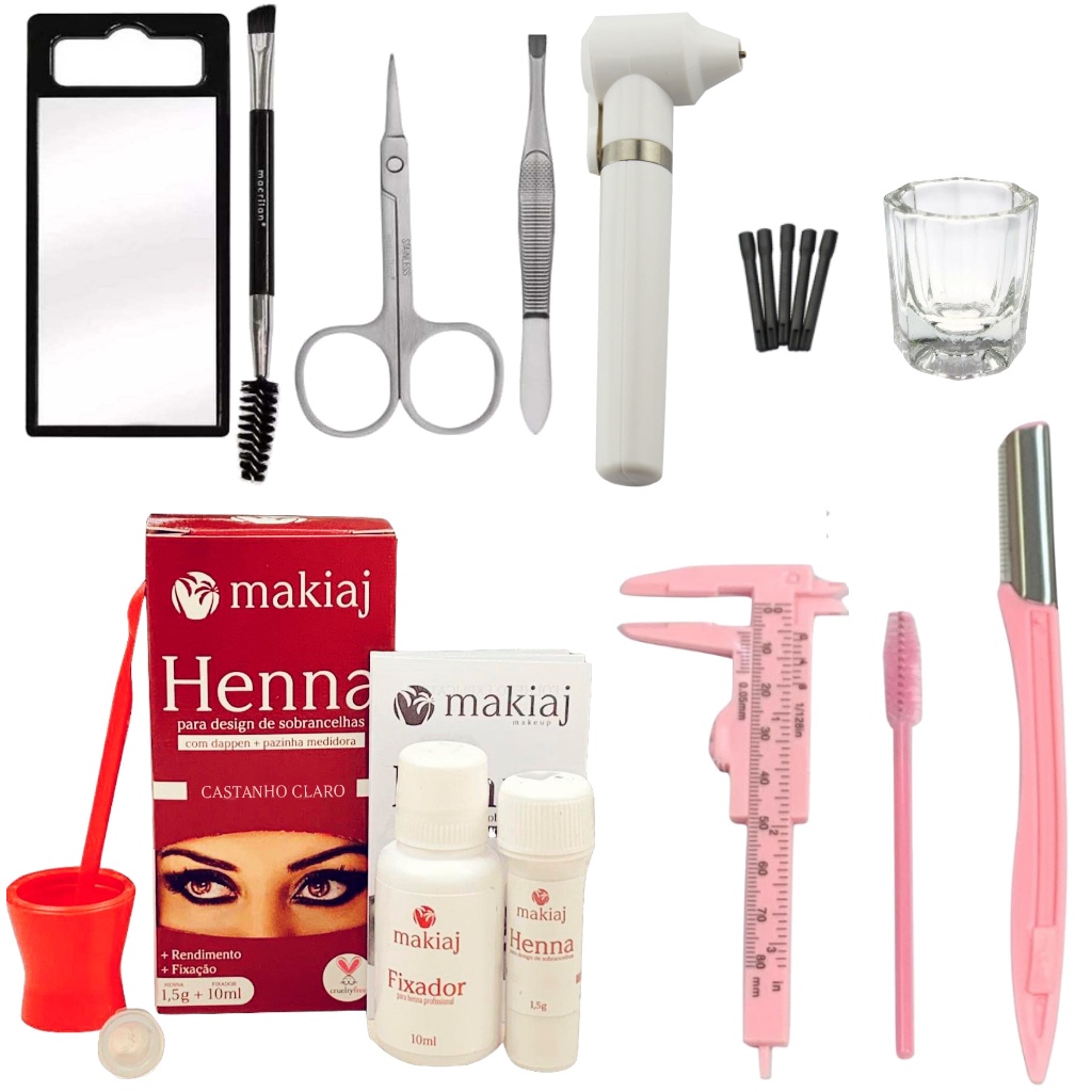 Kit De Design Sobrancelha Henna Makiaj Mixer Tesoura Navalha Paquimetro ...