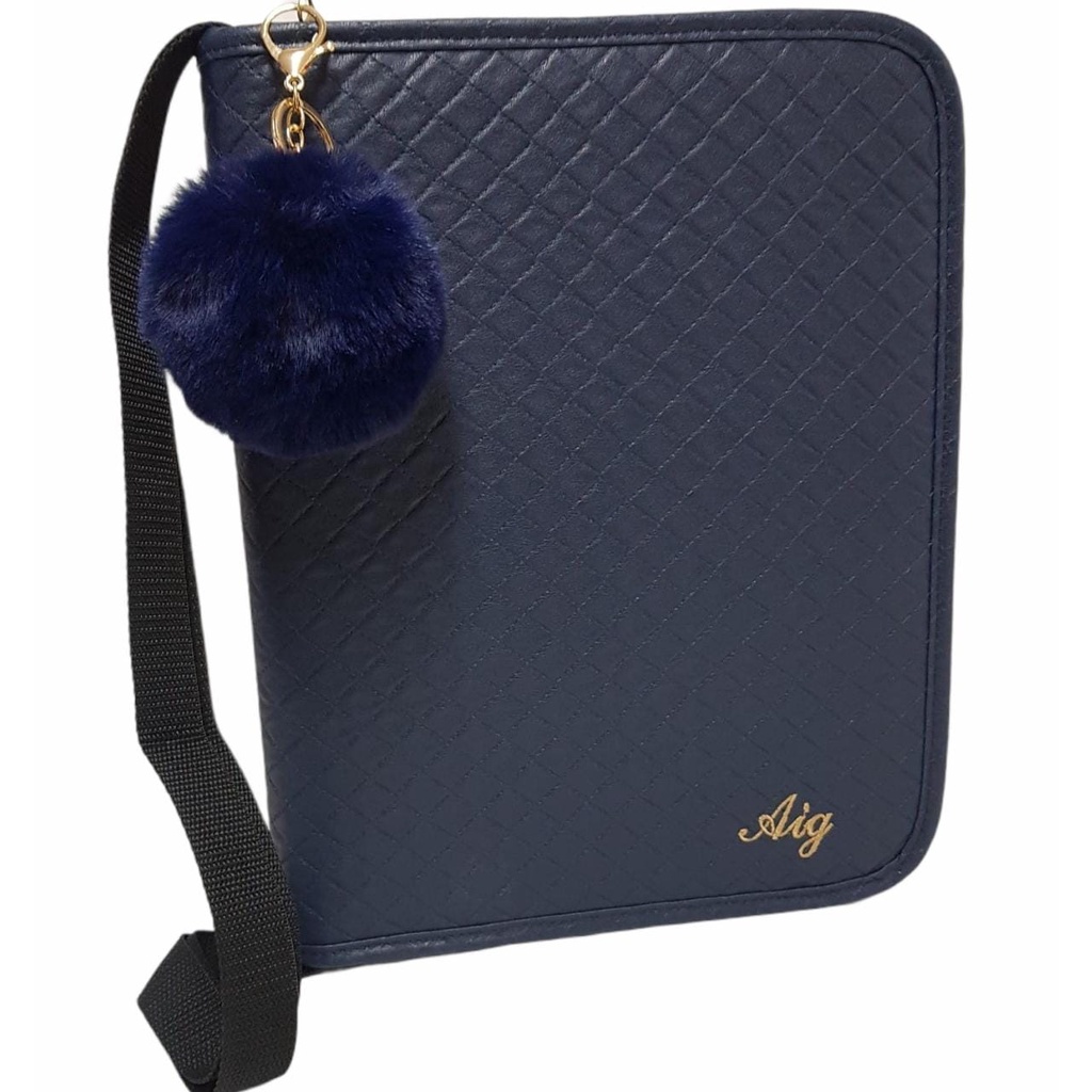 Fichário Feminino Universitário Matelasse Azul Marinho Bolso + Pompom ...