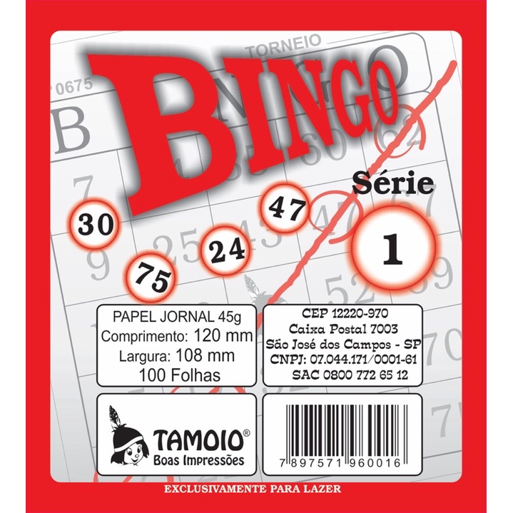 Cartela para Jogo de Bingo Tamoio Índio Bloco com 100fls 108x120 15 ...