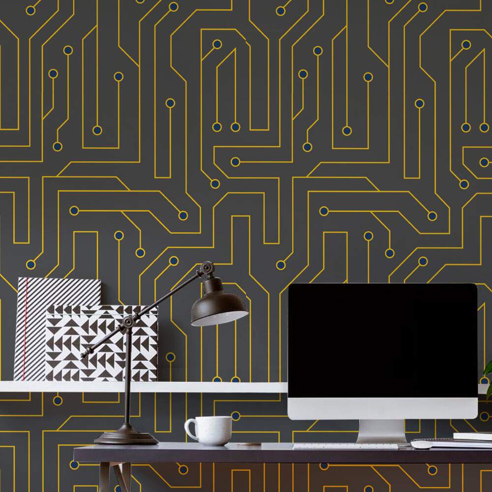 Papel de Parede Circuito Eletrônico Preto e Dourado Autocolante Lavável ...