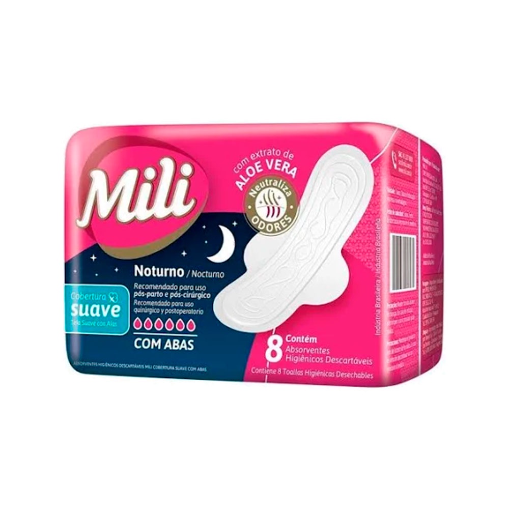 Absorvente Mili Noturno Com Abas Cobertura Suave Pós Parto Cirúrgico 8 ...