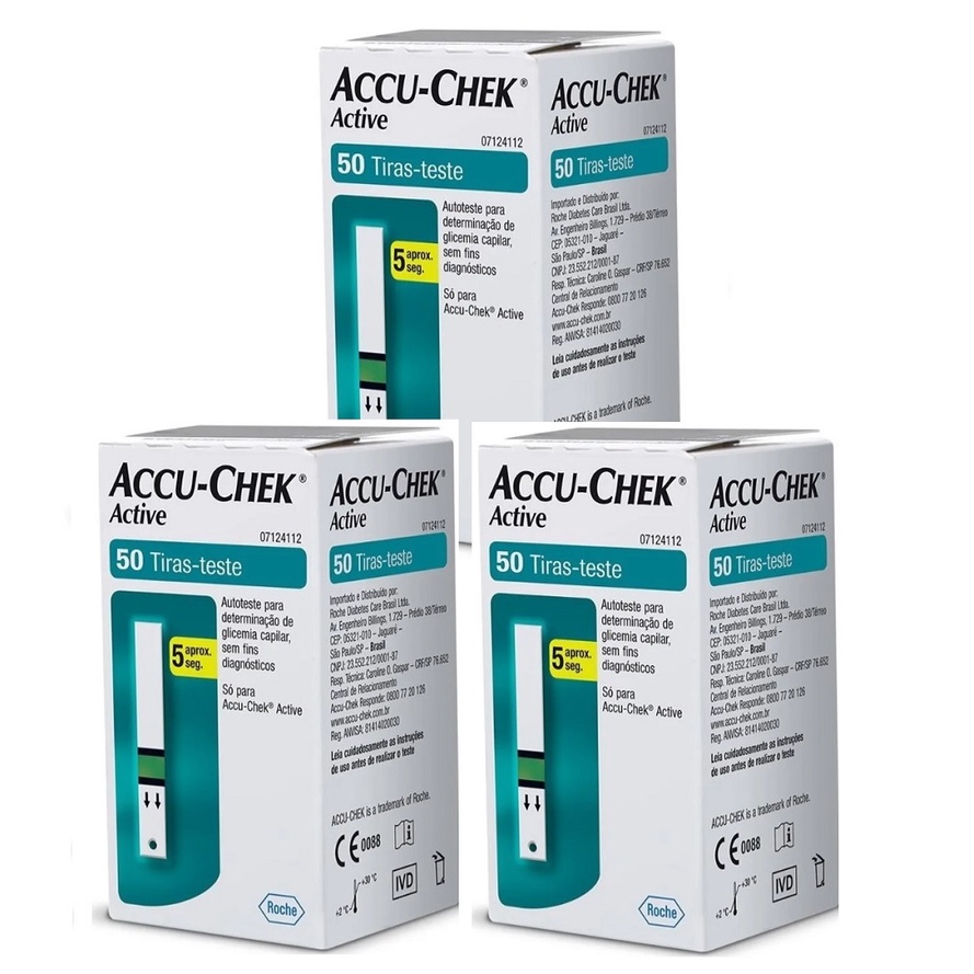 Accu Chek Active Kit com 3 frascos - 150 tiras total | Shopee Brasil