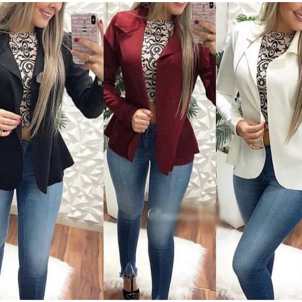 Blazer eminino em Neoprene Casaco curto Varias Cores com babado ...