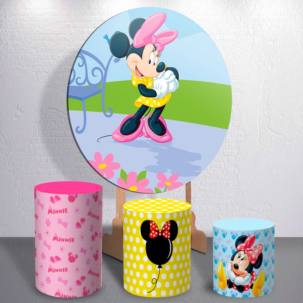 Kit Painel Redondo Minnie Mouse + Trio Capa de Cilindro 3d Sublimado ...