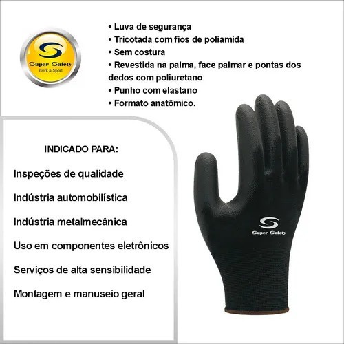 KIT 05 Pares De Luva SS1003 Pu Multitato Preta Mecanico Multiuso ...