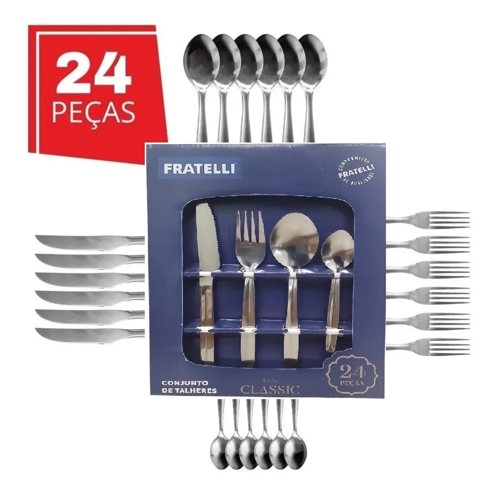 Jogo De Talheres Inox Classic Aço Inox 24 Peças Conjunto Faqueiro ...