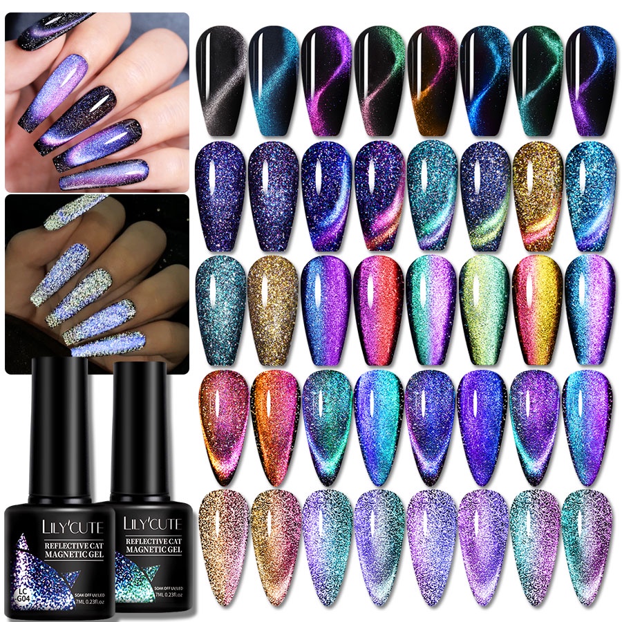 LILYCUTE 7ml 9D Gel Magnético Refletivo De Unhas Semi Permanente De Molho UV LED Glitter Nails ...