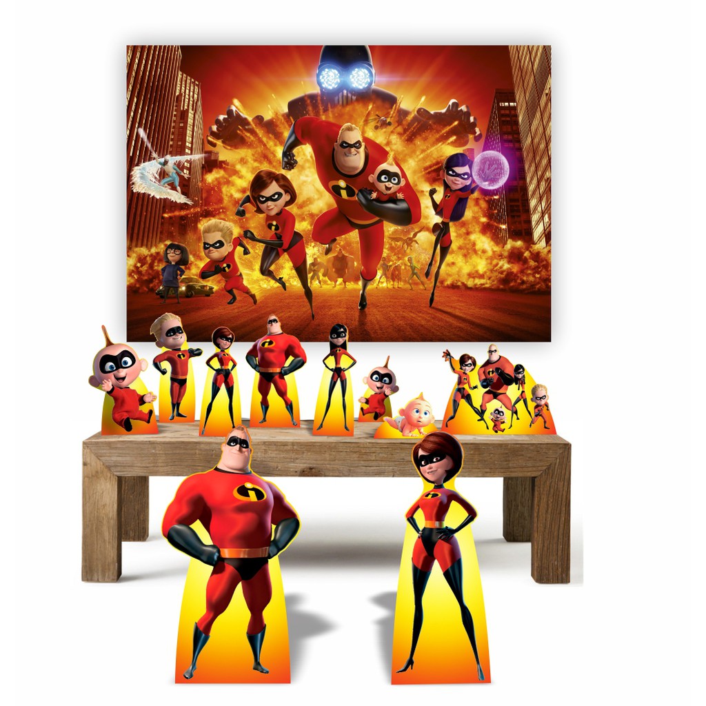 Os Incríveis Kit Prata 6 de mesa 2 de chão + painel de lona Decoração ...