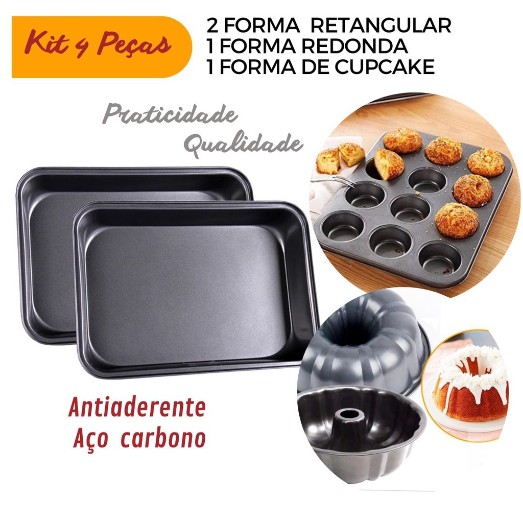 Kit 4 Formas Antiaderentes - 2 Retangular 1 Redonda Bolo Pudim 1 ...