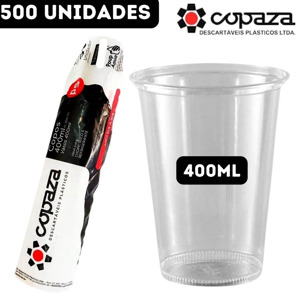 Copo Plástico Descartável Copaza PS Liso Translúcido Suco Chopp - Linha Dia a Dia - 400ml - 500 ...