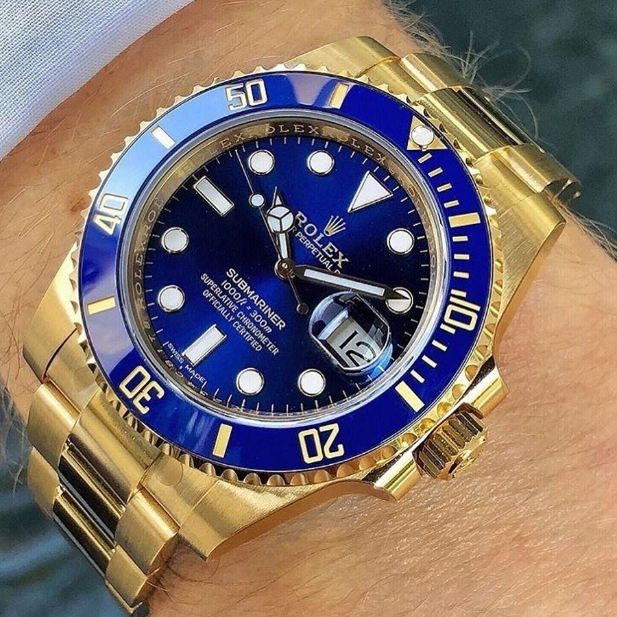 Relógio Rolex Submariner Quartz Luxo Dourado C/ Azul. | Shopee Brasil