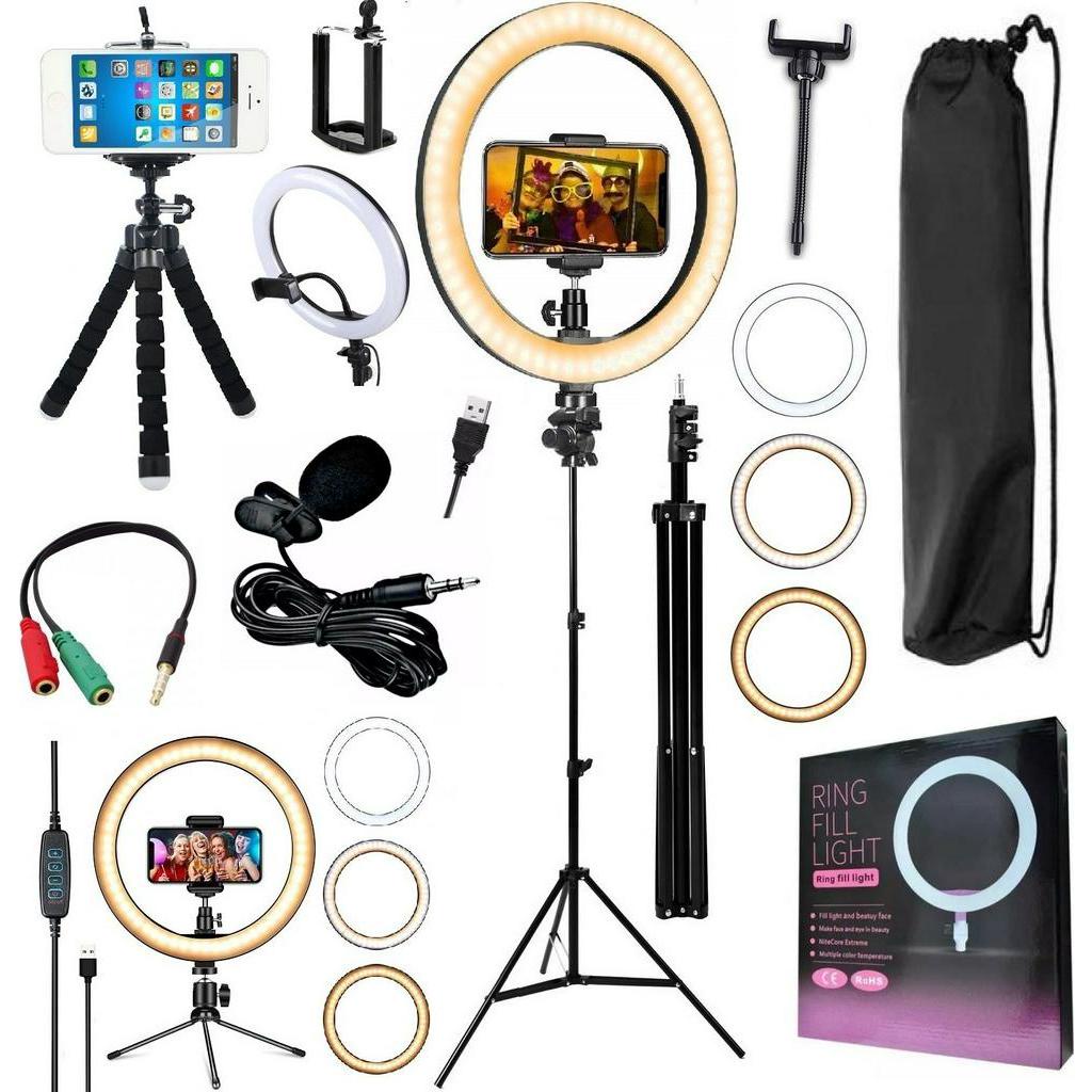 Kit Youtuber Profissional Microfone Lapela Tripé Ring Light Iluminador Luz Anel Led Flash 26cm ...