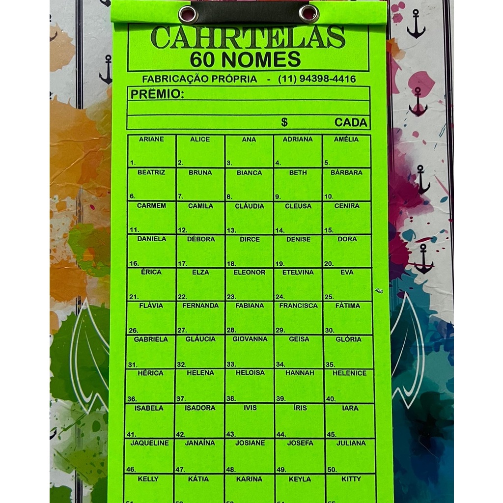Cartela de rifa 60 nomes variados pct com 10 unidades | Shopee Brasil