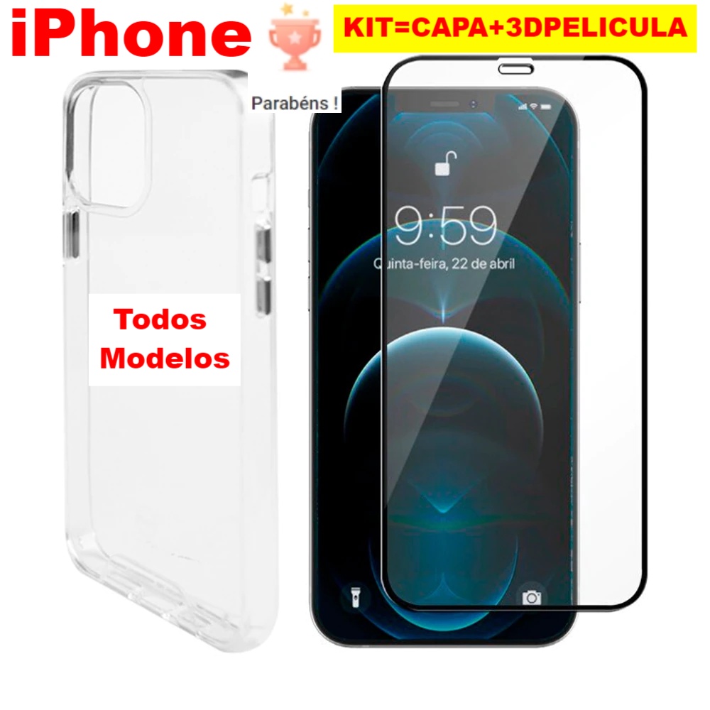 iPhone KIT CAPA ANTI SHOCK + PELÍCULA DE VIDRO 3D Todos Modelos ...