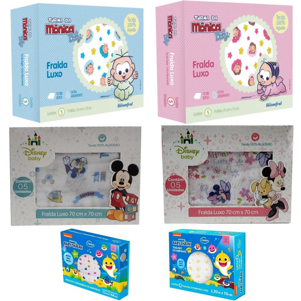 Caixa 15 Fraldas Personagens (Baby Shark+ Mickey e Minnie + Cebolinha ...