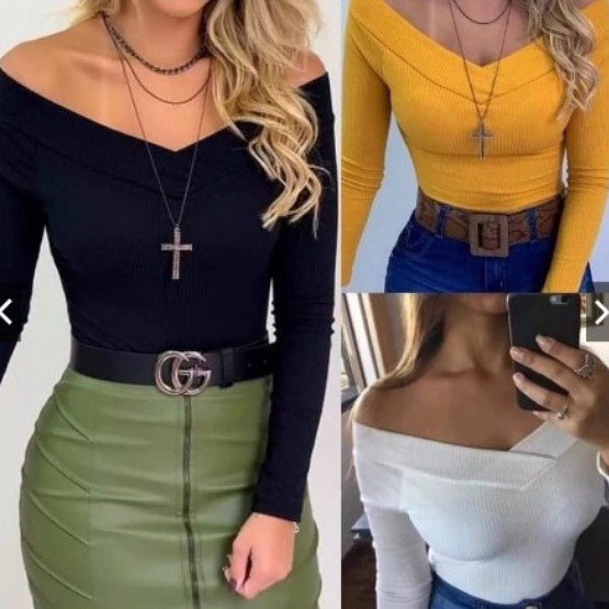 Body Blusa Canelado Com Manga Longa Gola Canoa Feminino Moda Inverno ...