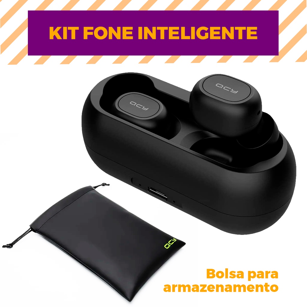 Fone de ouvido bluetooth sem fio original com bolsa para guardar qcy T1C | Shopee Brasil