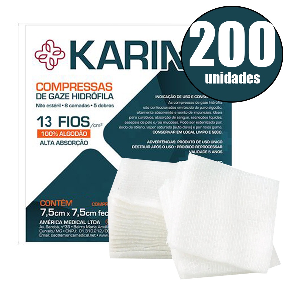 COMPRESSA DE GAZE 13 FIOS ESTÉRIL 7,5x7,5 HÉRIKA - 200 UNIDADES ...