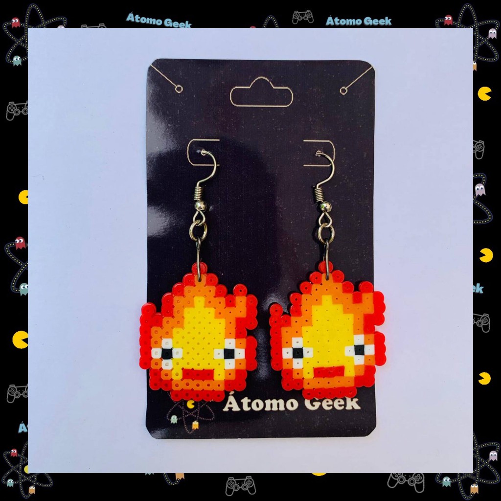 Par de Brincos Calcifer -Castelo Animado- Pixel Art / Hama Beads ...