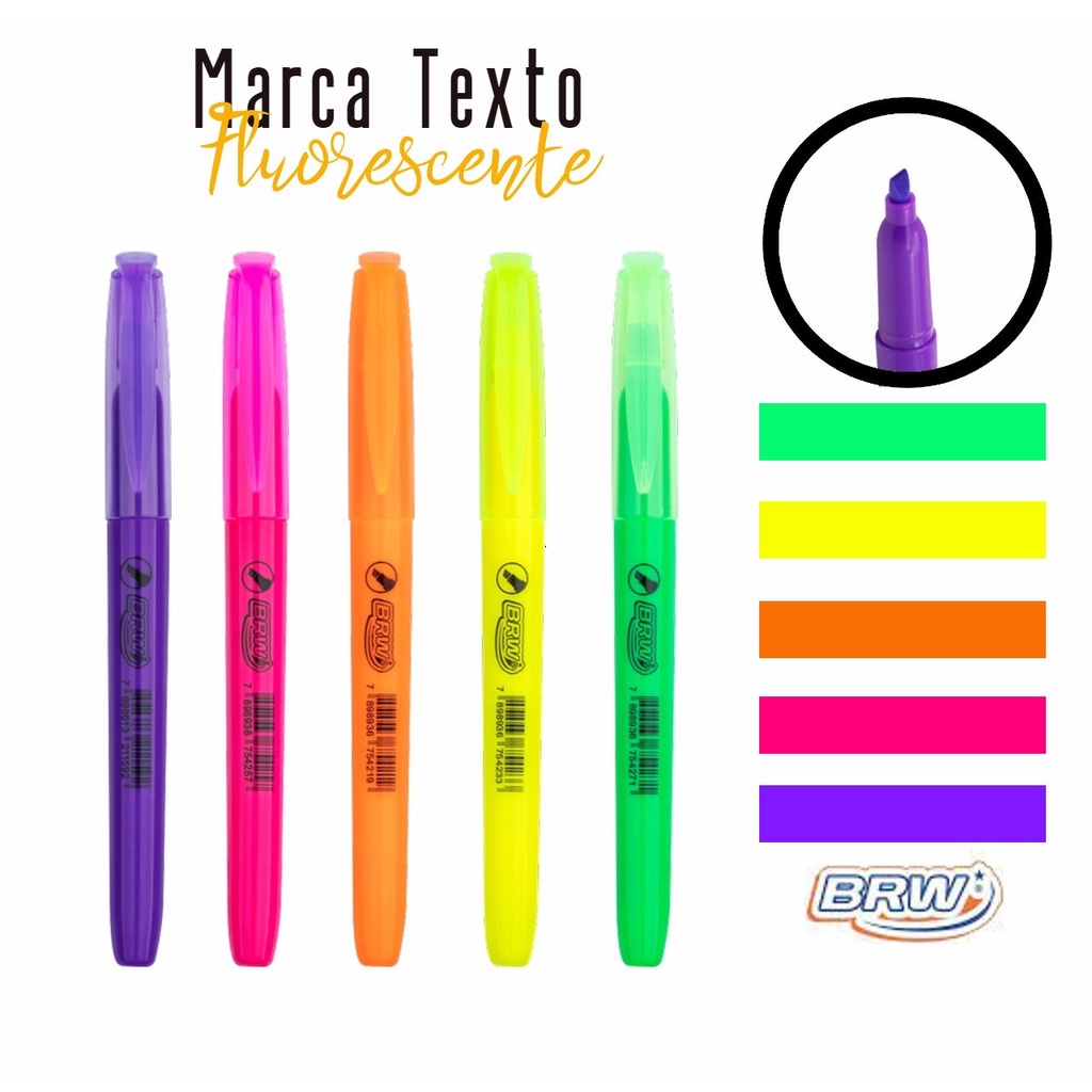 Kit Caneta Marca Texto 5 Cores Fluorescente BRW | Shopee Brasil