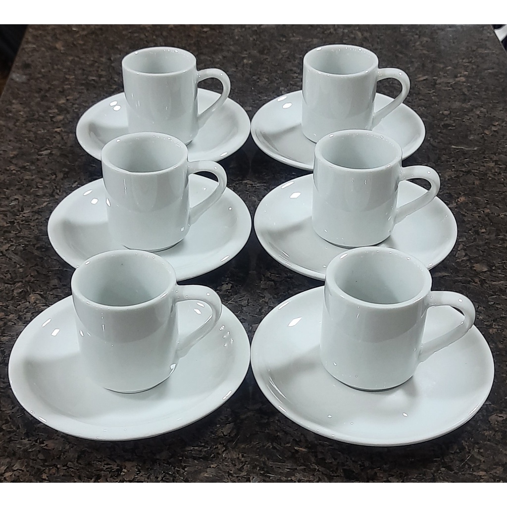 Jogo 6 xícaras café 80ml base reta com pires - Porcelana branca | Shopee Brasil