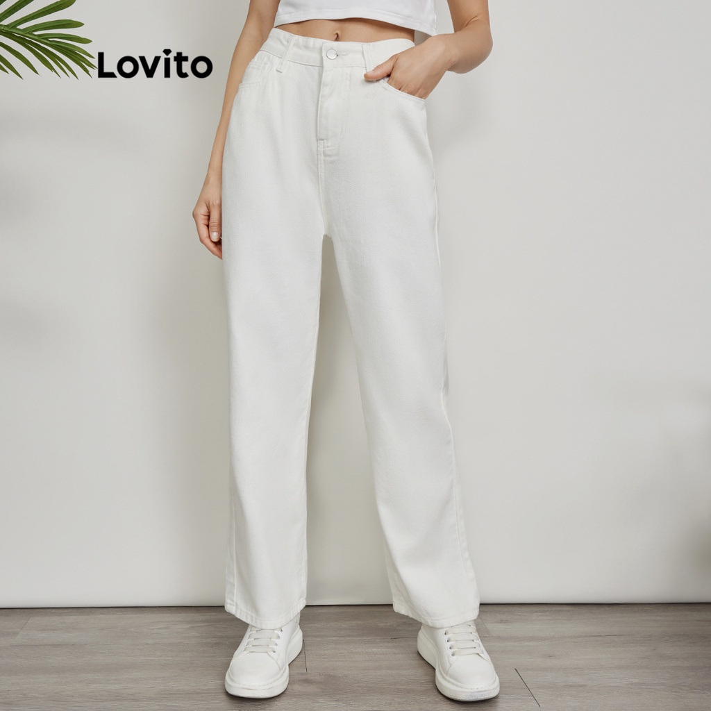 Lovito Casual Calça Lisa perna Reta Branca L24ED033 (Branco) | Shopee ...
