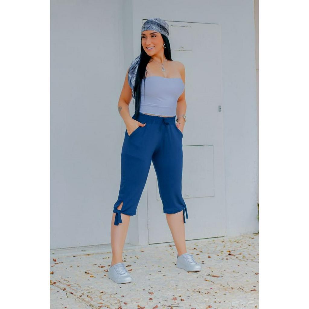 Calça Capri bermuda Capri Azul em malha Viscolycra com laço Shorts ...