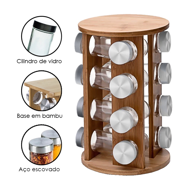 Porta Tempero Condimentos Bambu 16 Peças + Suporte Giratório | Shopee ...