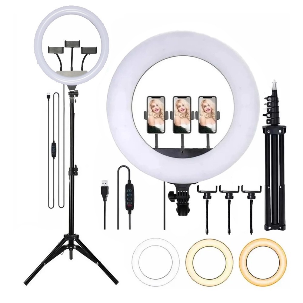 Ring Light Iluminador 36cm 14 Polegadas + tripé 2.1m + 3 suporte de celular | Shopee Brasil