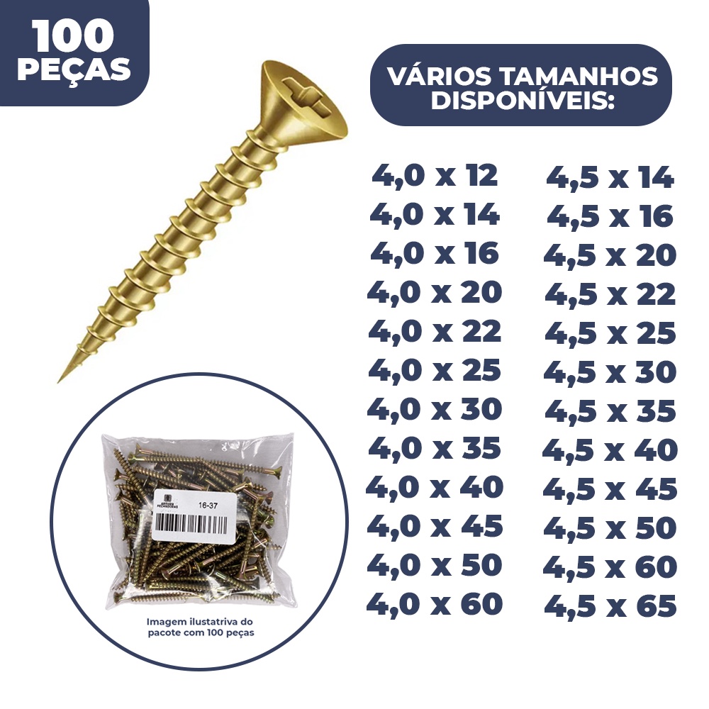 Parafuso Chipboard Madeira Chata Philips 4,0 e 4,5 Pacote Com 100 Peças ...