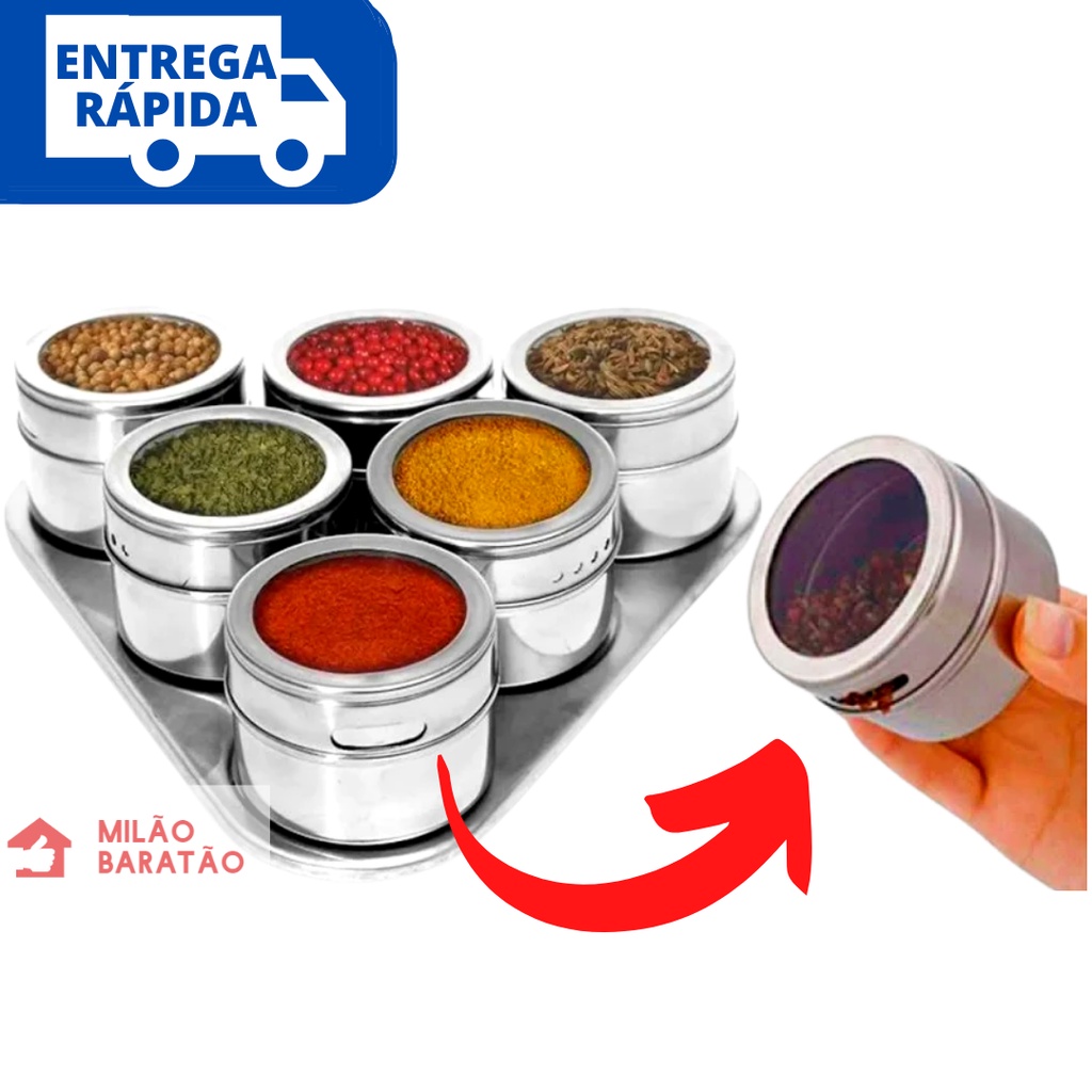 Kit 6 Porta Tempero Porta Condimento Inox Com Imã Para Geladeira e ... Kit 6 Porta Tempero Porta Condimento Inox Com Imã Para Geladeira e ...