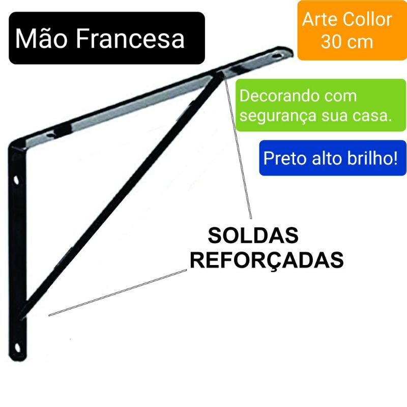 8 Unidades Mão Francesa Forte para prateleira de 30 cm preto alto ...