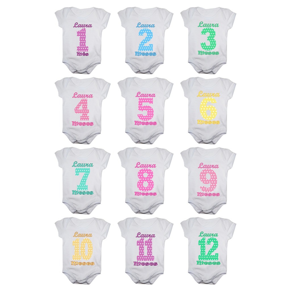 Kit body bebê mesversario manga curta números coloridos 12 bodies 1 a ...