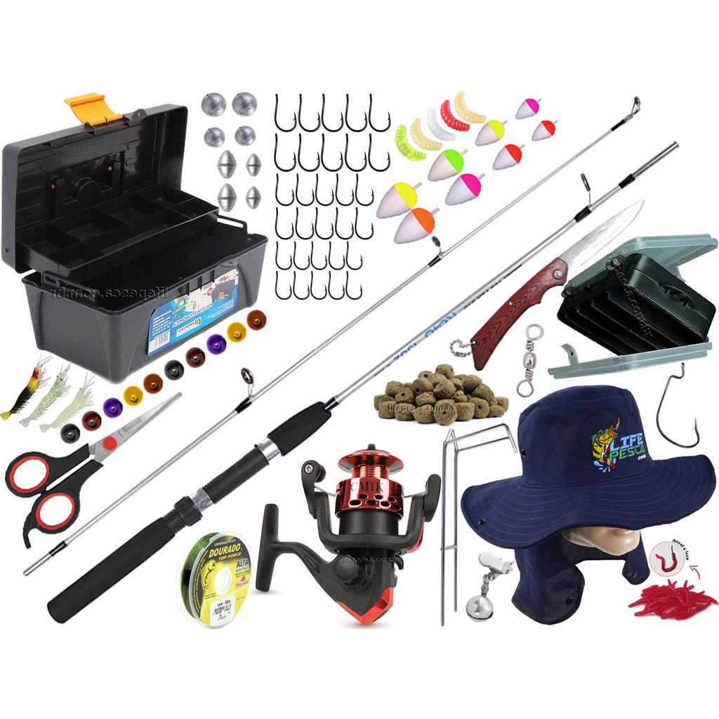 Kit Completo p/ Pesca com 1 Vara Para Moliente 1,50m + 1 Molinete + Caixa C/ Acessórios (Ref. 86 ...
