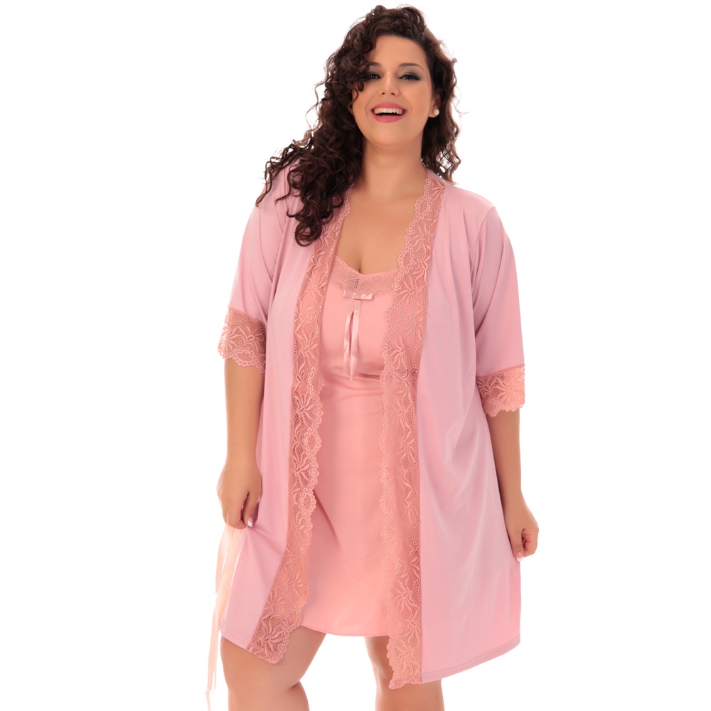 Kit Plus Size Camisola mais Robe Femininos Microfibra e Renda Moda ...