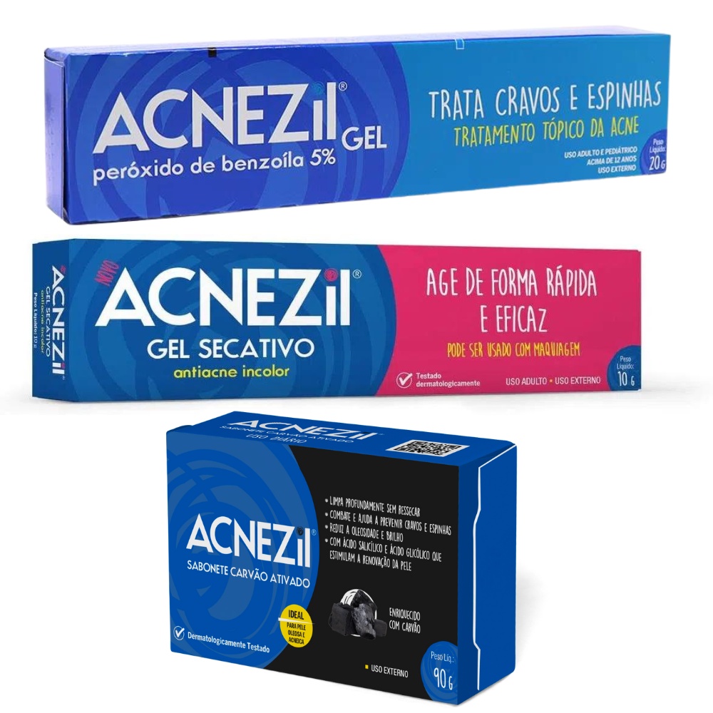 Kit Acnezil Combate Cravos e Espinhas com Acnezil Gel 5%+ Sab Carvao ...